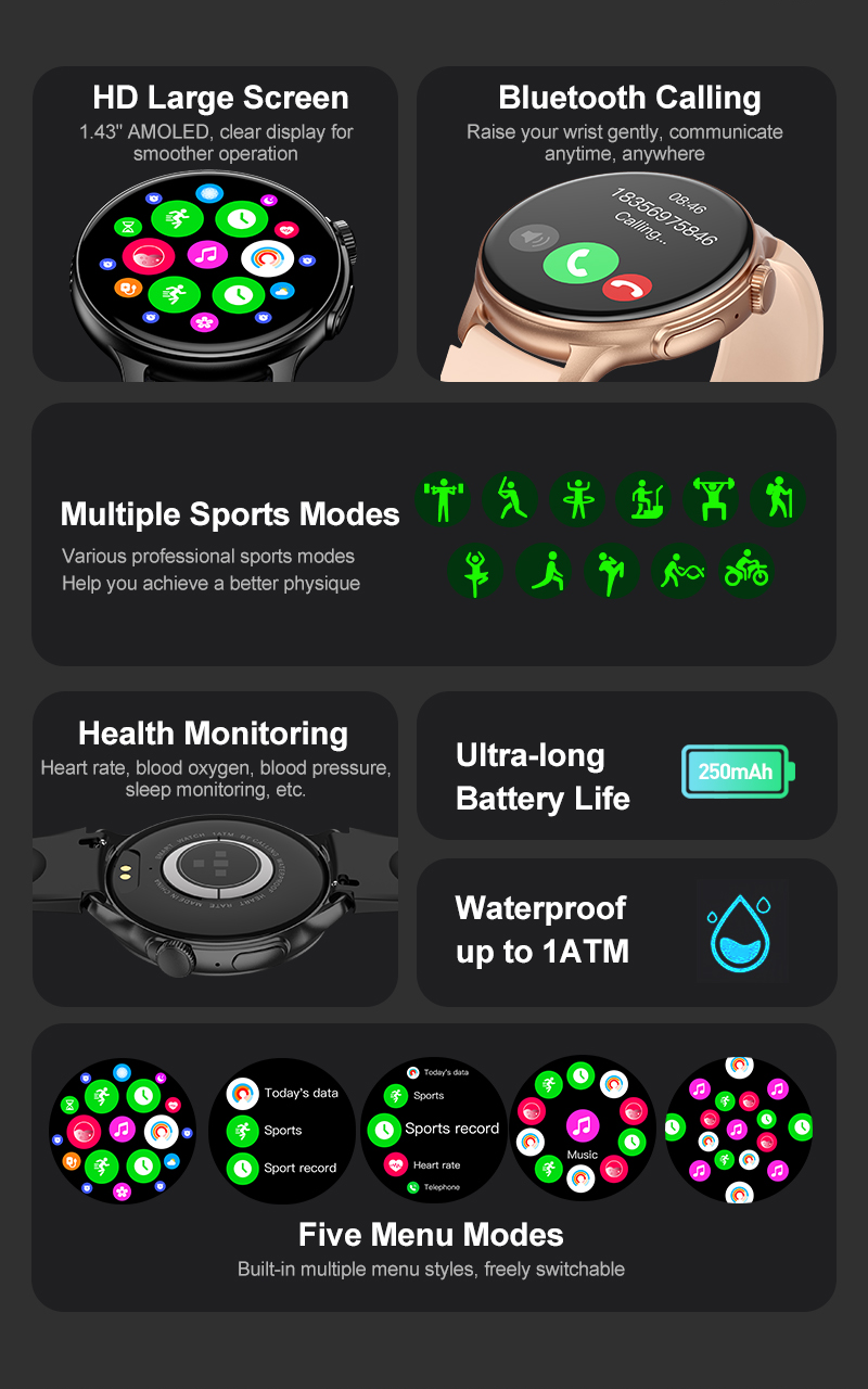 YES Vital Pro Smartwatch | 1.43'' AMOLED Display, BT Call & Music ...